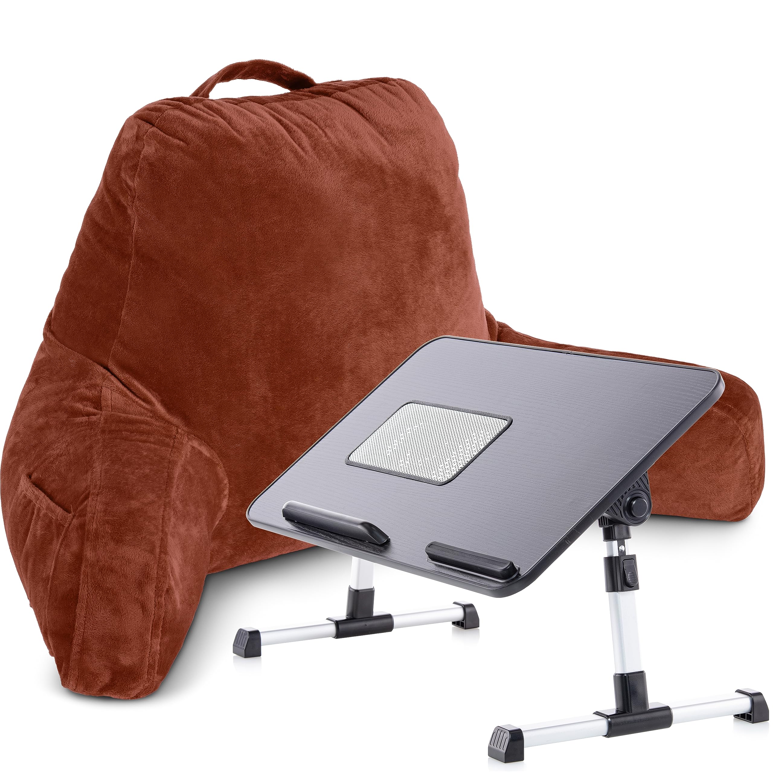 Husband Pillow Combo - Backrest Pillow with Arms : Standard Red & Lap Desk Bed Tray : Pink - Memory Foam Reading Pillows for Bed & Laptop Bed Tray Table