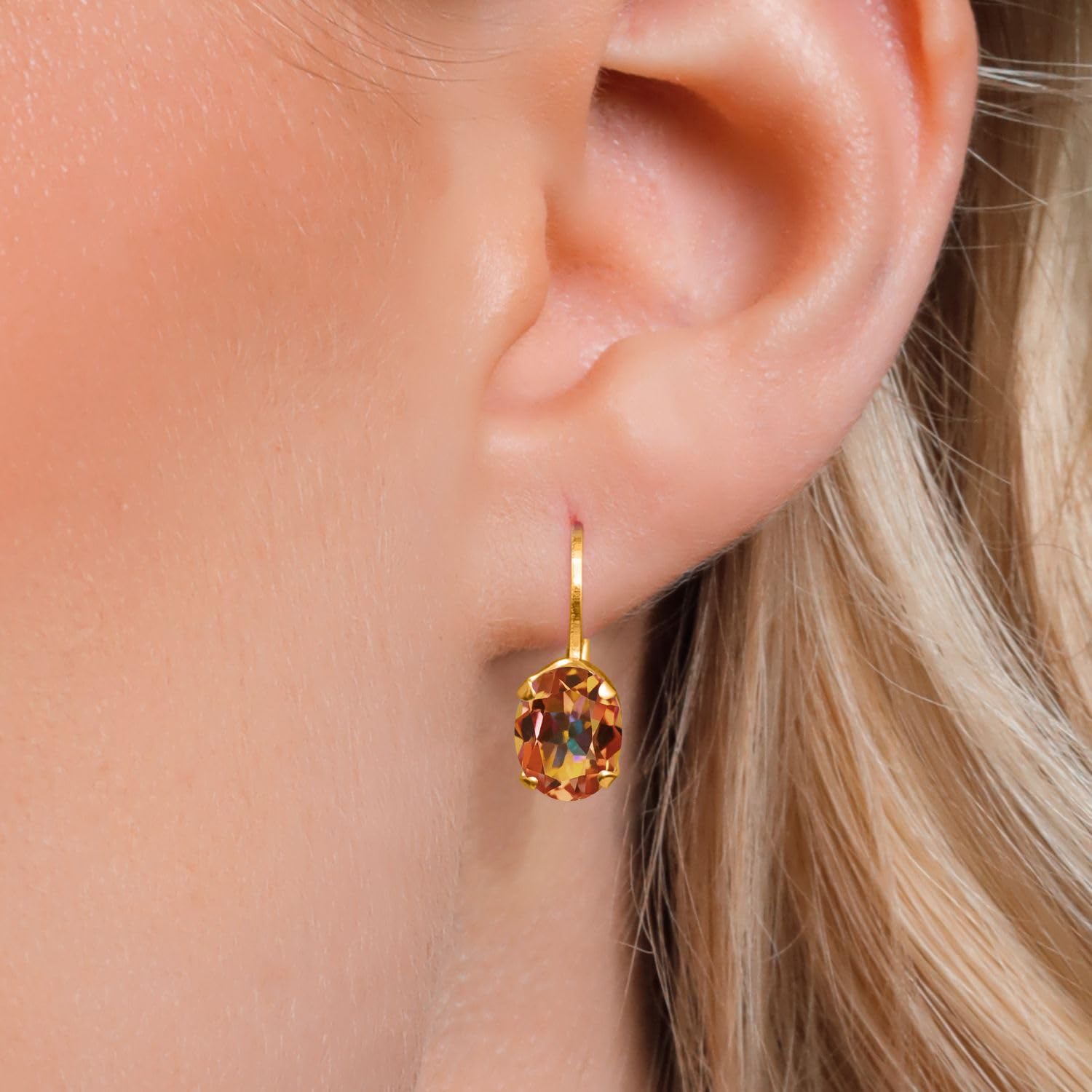 Gem Stone King 18K Gold Plated Silver Gemstone Birthstone Leverback Dangle Earrings | Oval 8X6MM | Gold Earrings for Women