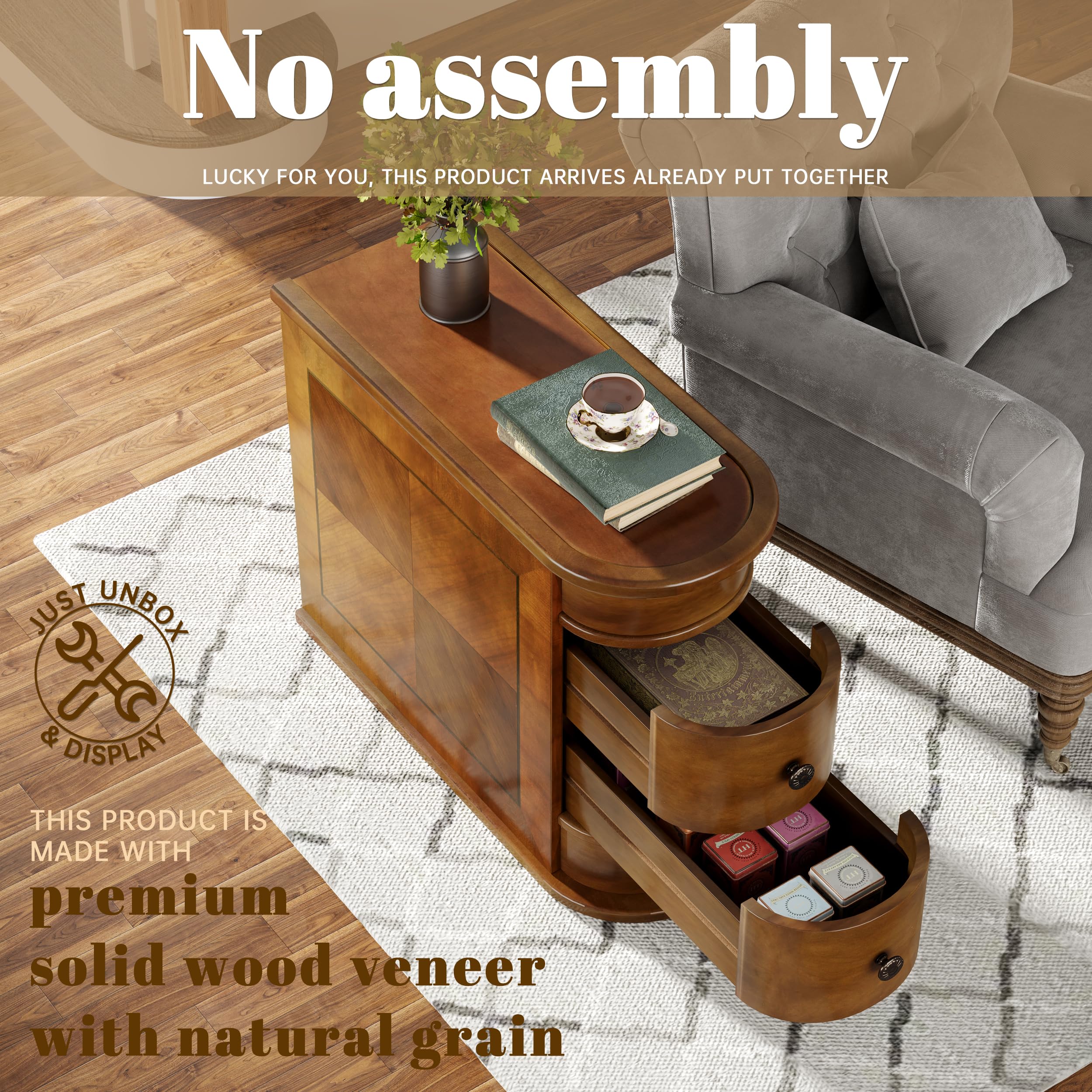 Wood End Table with 2 Drawers, No Assembly Required Narrow Sofa Side Table for Living Room, Vintage Slim Nightstand Bedside Table for Bedroom, Finished Back (2 Drawers, Brown, 1Pc)
