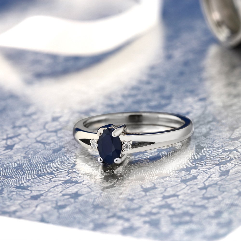 Gem Stone King 925 Sterling Silver Blue Sapphire and White Diamond Ring For Women (0.58 Cttw, Oval 6X4MM, Available 5,6,7,8,9) (Size 7)