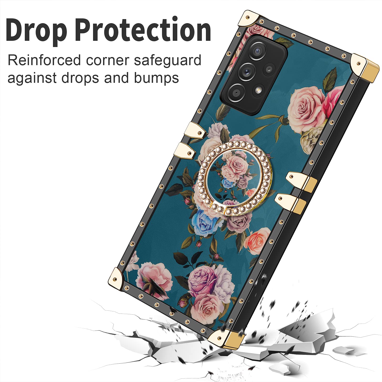 HoneyAKE for Samsung Galaxy A52 5G Case with Ring Stand Holder Floral Elegant Soft TPU Reinforced Corner Shock-Absorbing Protective Cover Square Case Compatible with Samsung Galaxy A52 6.5 inch Peony