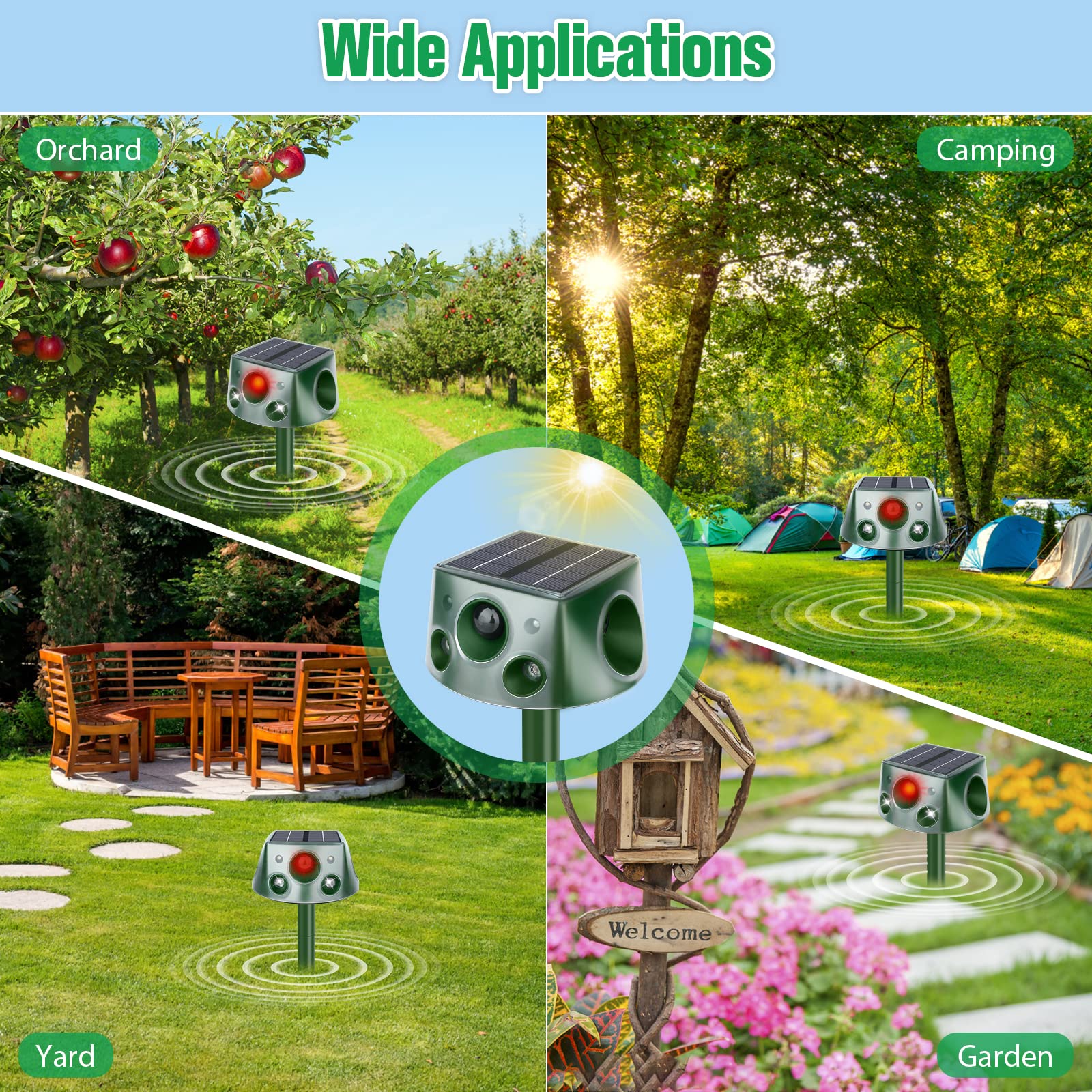 Solar Ultrasonic Animal Repeller, 2024 New 4 Sided 360° Cat Repellent Outdoor with 7 Modes Adjustable, IP66 Waterproof, Double-Sided Flashing Light & Ultrasonic Speaker for Cat Squirrel Bird Dog Deer