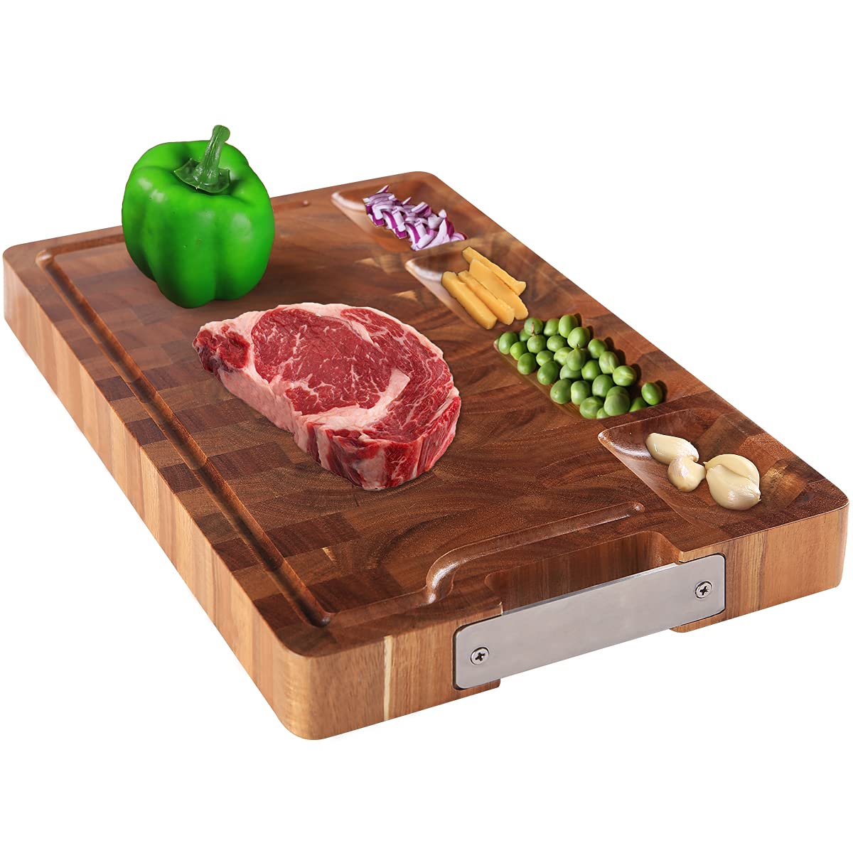 HHXRISE Acacia Wood Cutting Board for Kitchen, with 4 Built-in Compartments and Juice Grooves, Chopping Board with Handle, Butcher Block, Carving Board