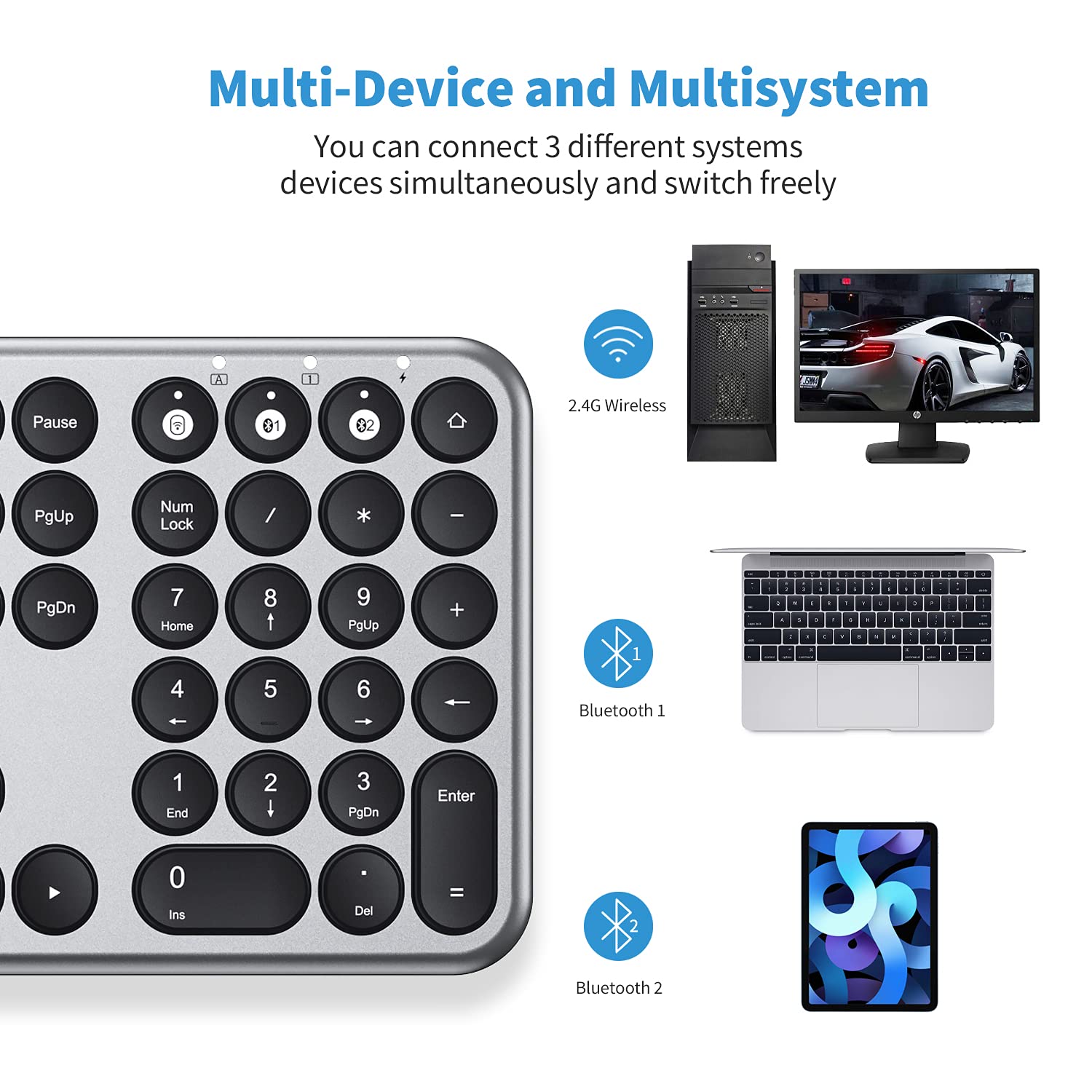 ZYTUA Multi-Device Bluetooth Keyboard, Dual Mode (Bluetooth & 2.4GHz) Full Size Rechargeable Wireless Keyboard with Round Keys, Support 3 Devices for Windows/iOS/Mac OS/Android