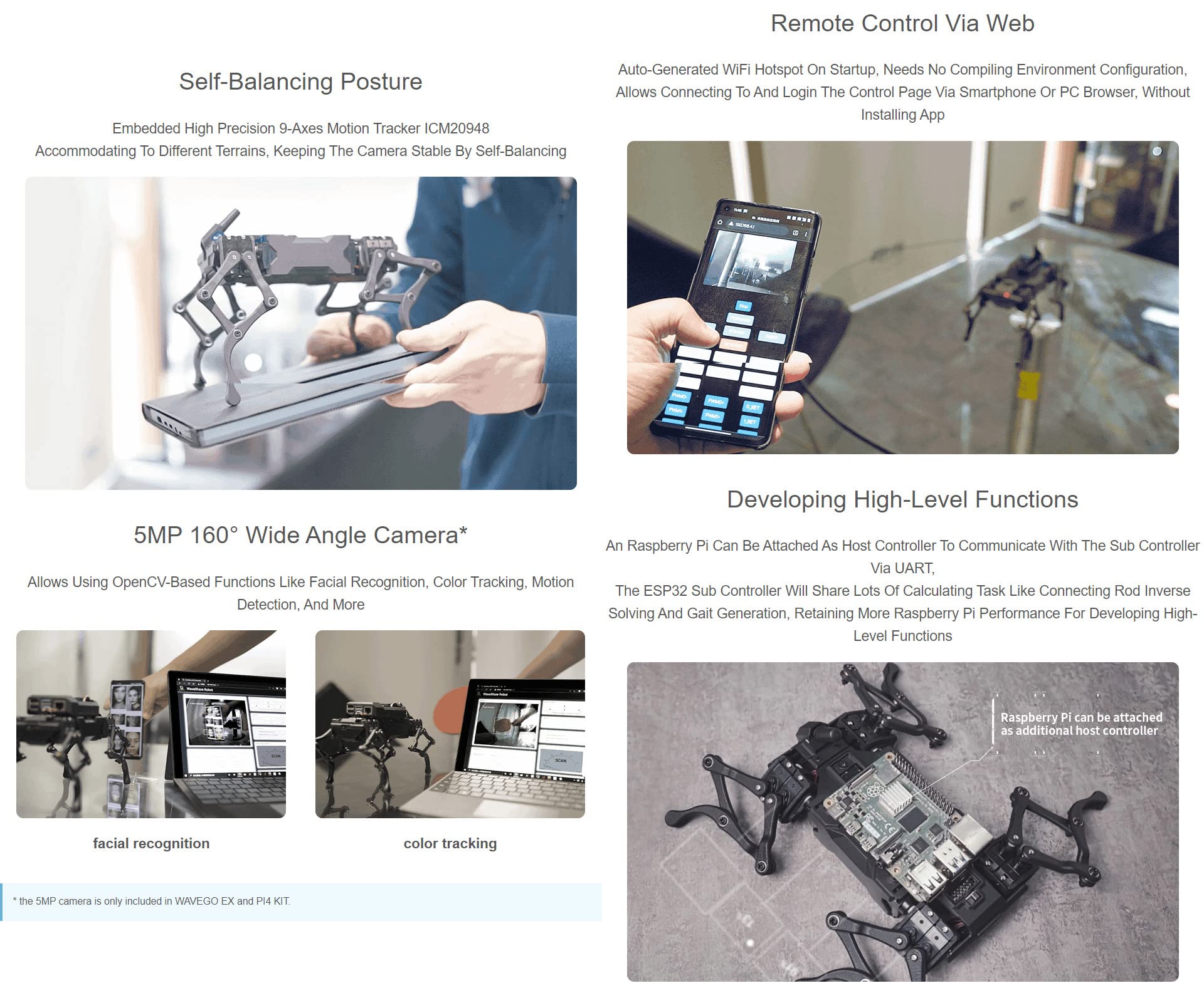 waveshare WAVEGO 12-DOF Bionic Dog-Like Robot Open Source for ESP32 and PI4B Facial Recognition Color Tracking Motion Detection Compatible with PI4B-4GB (Included) (26 Items)