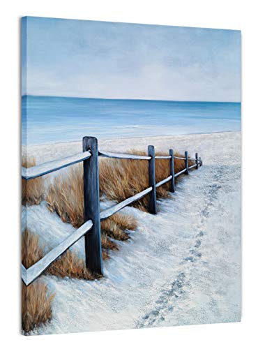YHSKY ARTS Beach Canvas Wall Art Hand Painted Blue and White Painting with Fence Modern Abstract Coastal Pictures Contemporary Vertical Nautical Artwork for Living Room Bedroom Bathroom Decor