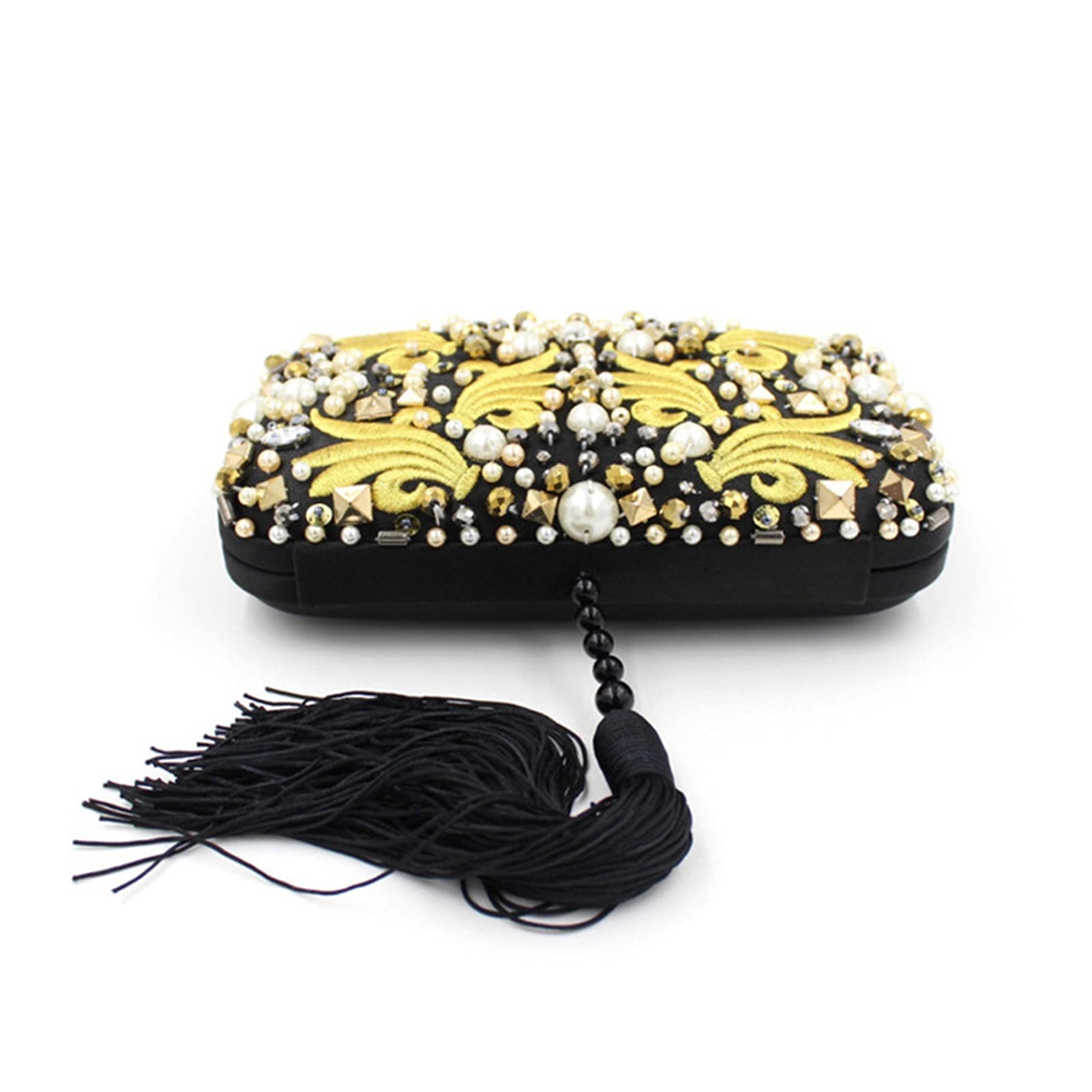 Mayeec Evening Clutch Pearl Beads Embroidery Clutch Bag Black Tassels Crystal Evening Bag Bridal Wedding Luxury Handbag (Color : Black)