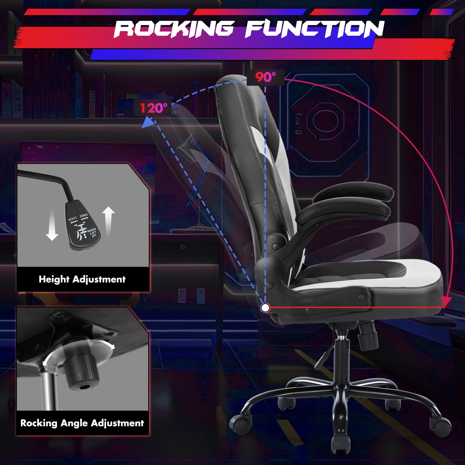 Gaming Chair, Ergonomic Office Chair High Back Computer Chair with PU Leather and Flip-up Armrest, Executive Ergonomic Adjustable Swivel Task Chair - White