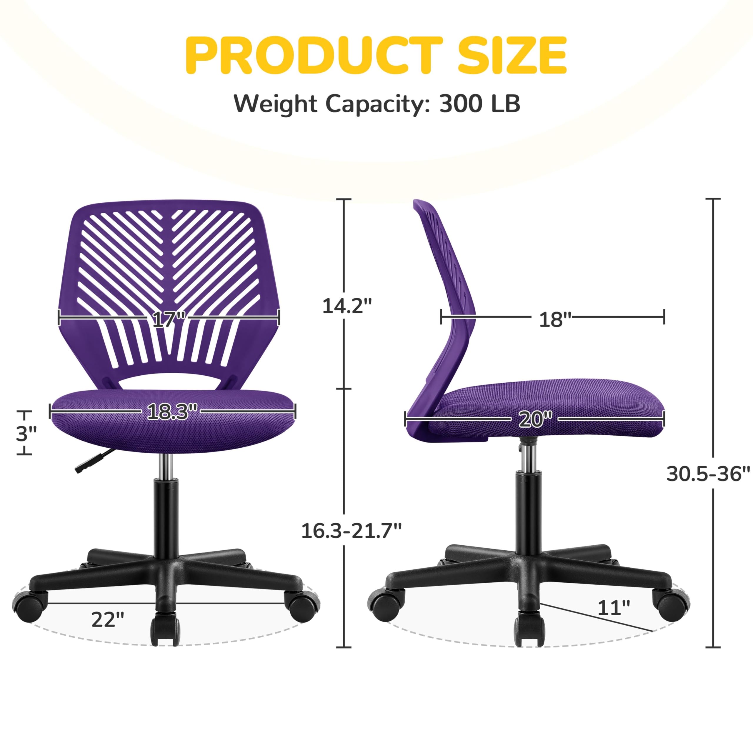 Yaheetech Students Cute Desk Chair Low-Back Armless Study Chair w/Lumbar Support Adjustable Swivel Chair in Home Bedroom School, Purple