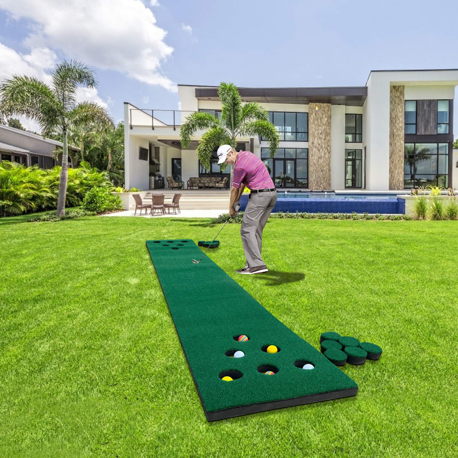 Golf Putting Green Mat, Home Golf Putting Mats, Foldable Golf Mat Golf Training Aid Practice Mat, Golf Putting Game Set with 6 Golf Balls 12 Hole Covers, Golf Gifts, 9.84ft x 1.64ft (Flannelette)