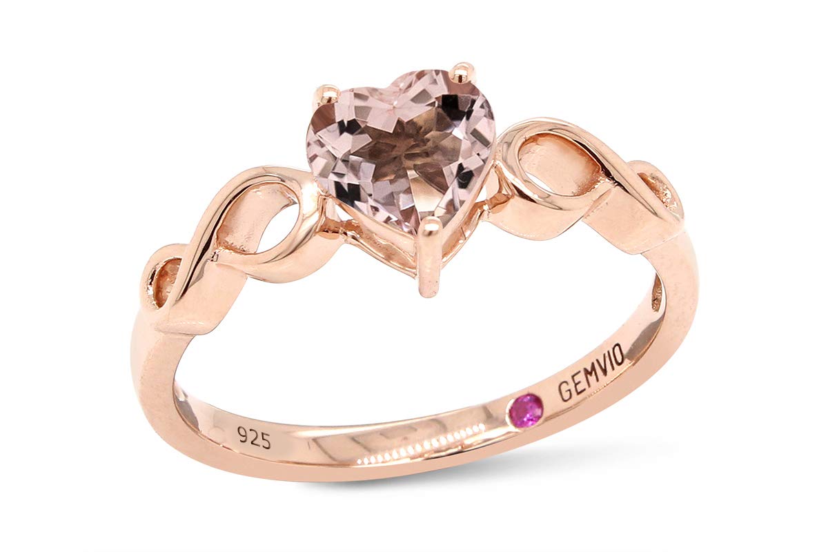 GEMVIO Collection 6MM Heart shape Peach Morganite Gemstone Infinity Heart Engagement Wedding Ring in 14K Rose Gold Over Sterling Silver Gifts for Women (0.67 Cttw) Ring Size-5