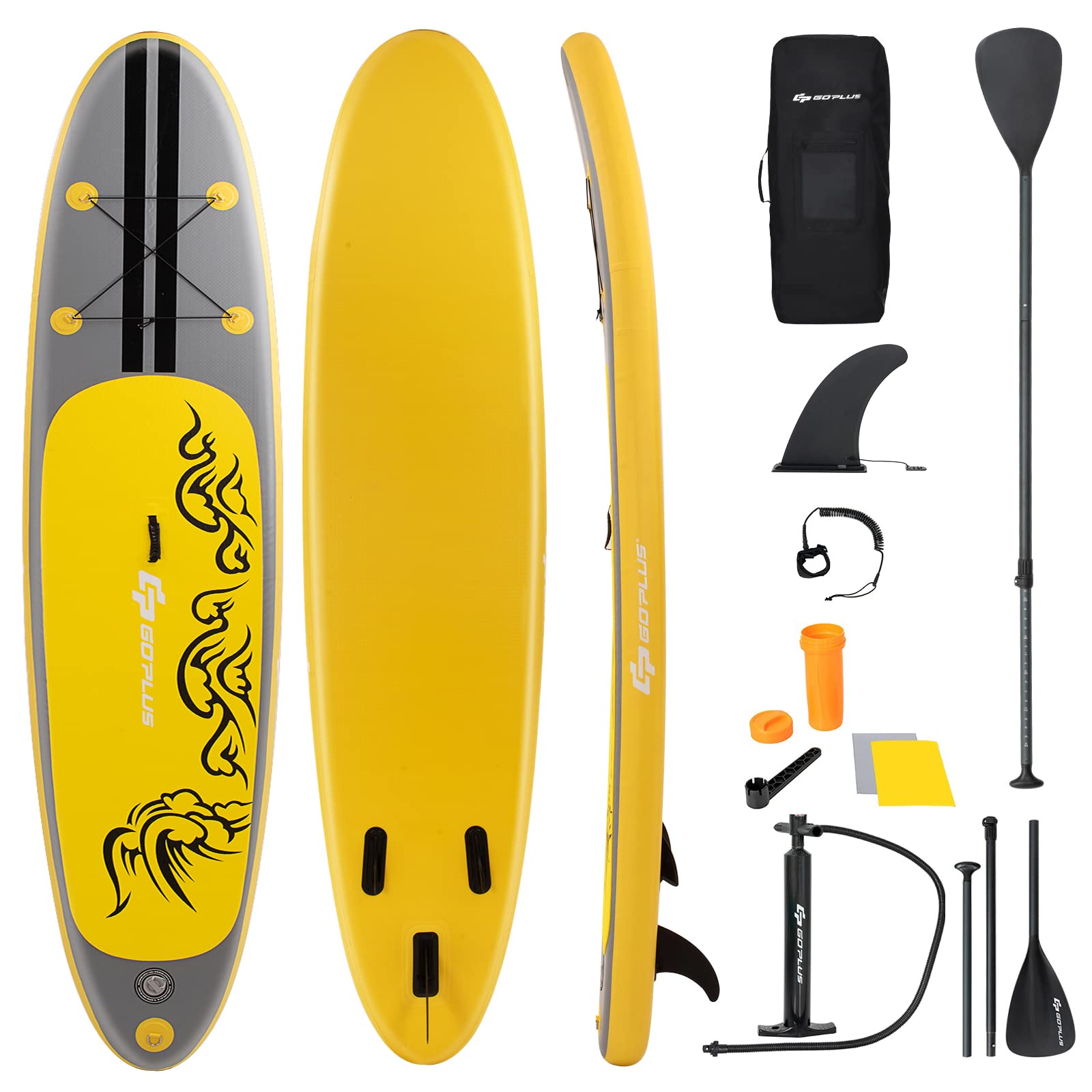 Goplus 10/ 11FT Inflatable Stand up Paddle Board Latest Inkjet Process Anti-Fading 6.5” Thick SUP with 3 Fins, Non-Slip Deck, Adjustable Paddle, Hand Pump, Carry Bag, Leash (Yellow, 11FT)