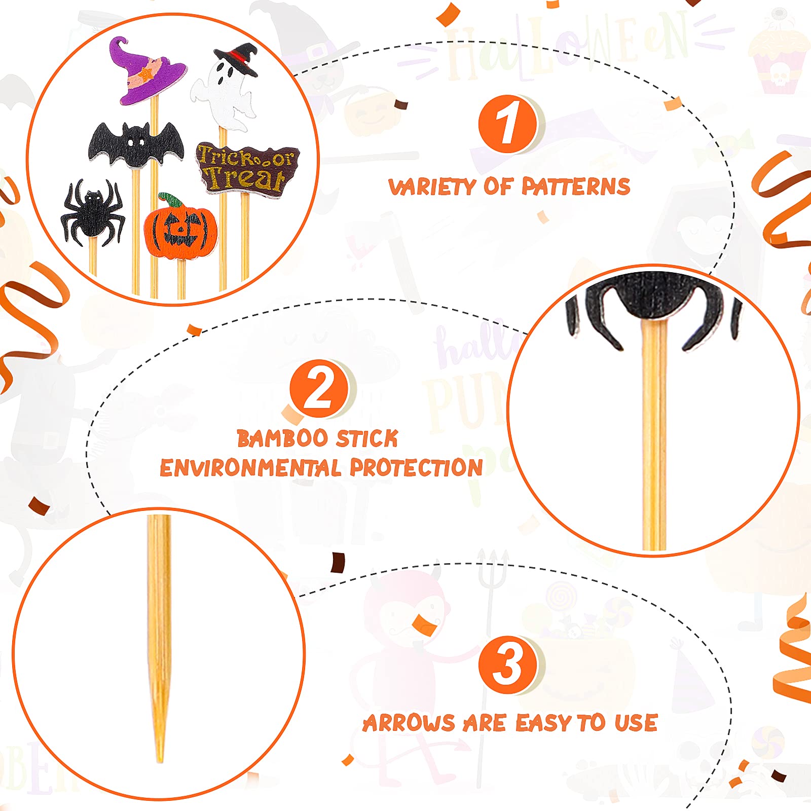 Halloween Cocktail Picks Pumpkin Spider Hat Ghost Letters Bamboo ToothPicks Appetizer Bamboo Toothpicks for Halloween Cake Food Decoration (100 Pieces)