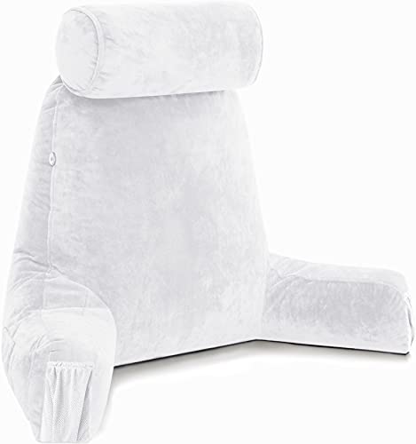 Husband Pillow Combo - Backrest Pillow with Arms : Medium White & Lap Desk Bed Tray : Pink - Memory Foam Reading Pillows for Bed w/Removable Neck Roll & Laptop Bed Tray Table