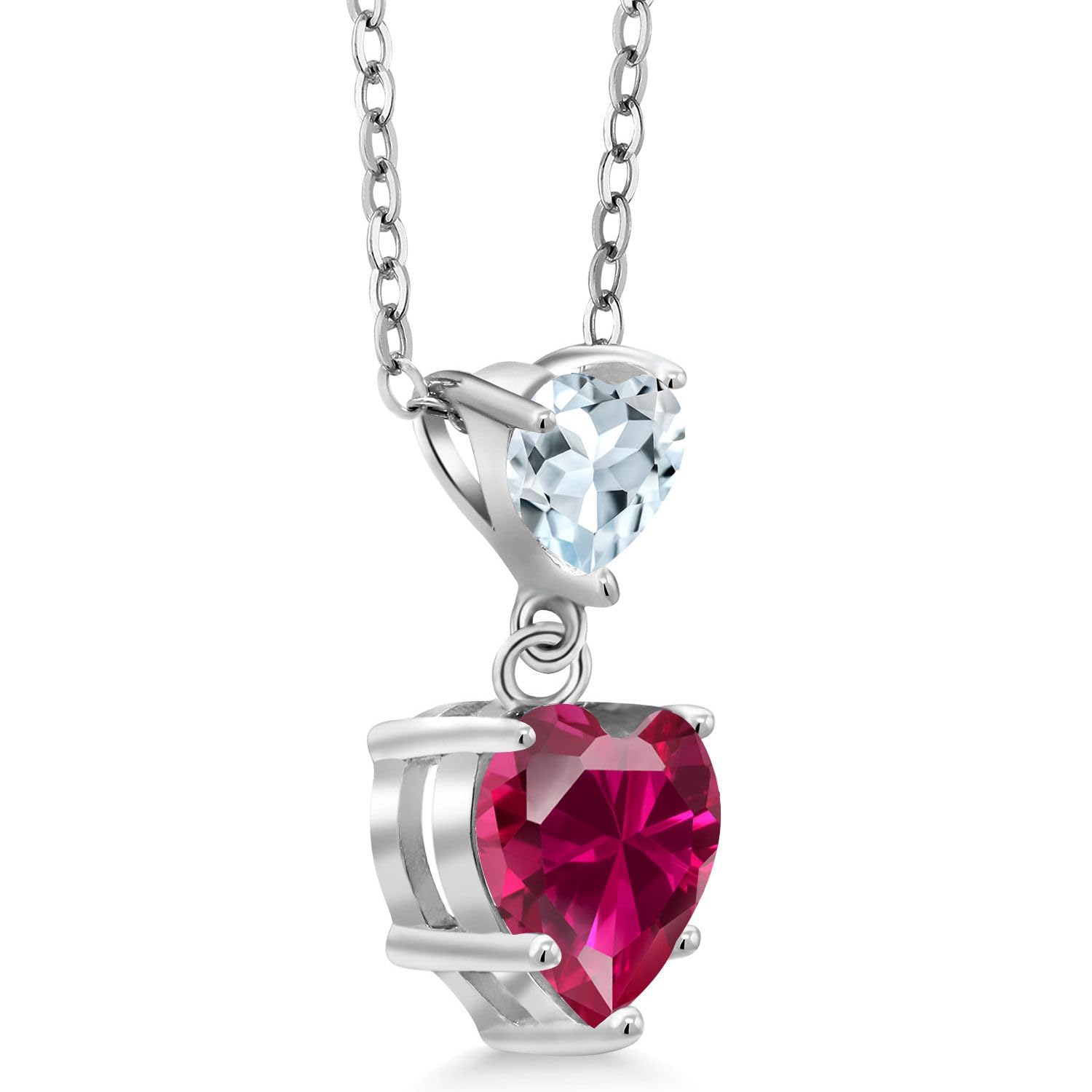 Gem Stone King 925 Sterling Silver Red Created Ruby and Sky Blue Aquamarine Double Heart Pendant Necklace for Women (2.12 Cttw, Heart 8MM and 5MM, with 18 Inch Silver Chain)
