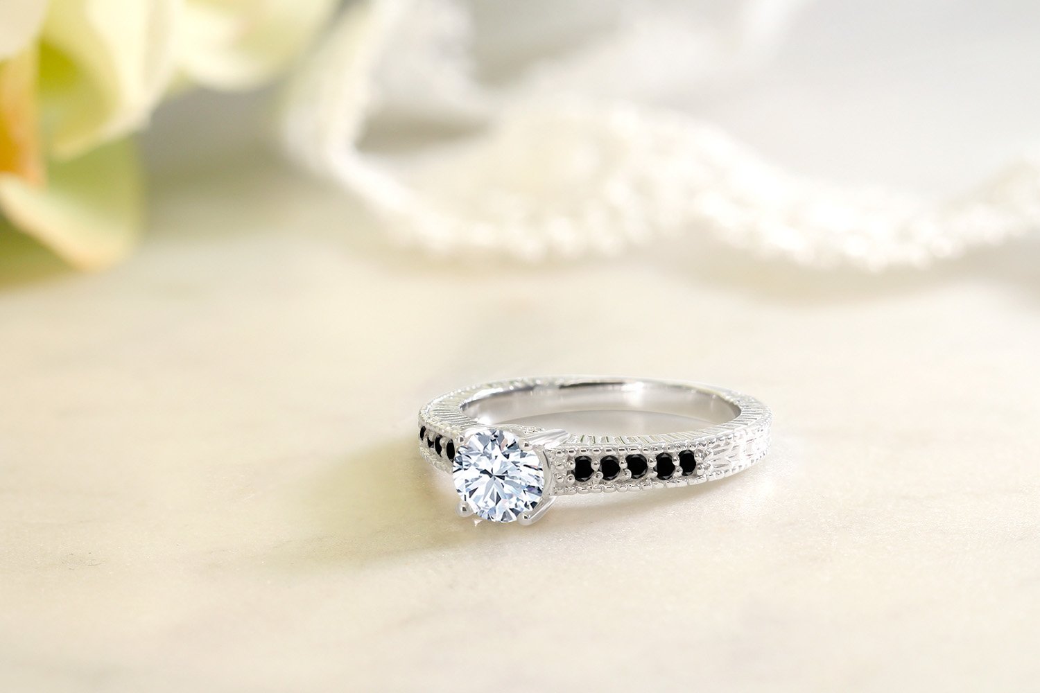 Gem Stone King 925 Sterling Silver White Created Sapphire and Black Diamond Engagement Ring For Women (1.37 Cttw, Available in size 5, 6, 7, 8, 9)