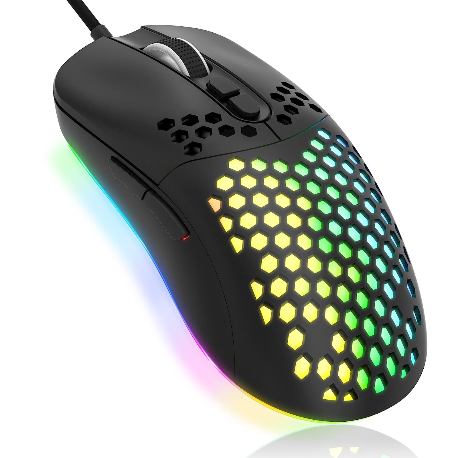 K KOMOI RGB Honeycomb Wired Mouse, Ultra Lightweight LED Wired Computer Mouse with 7 Buttons, Ergonomic USB Mouse for PC, Laptop, Computer Gamers (Black)