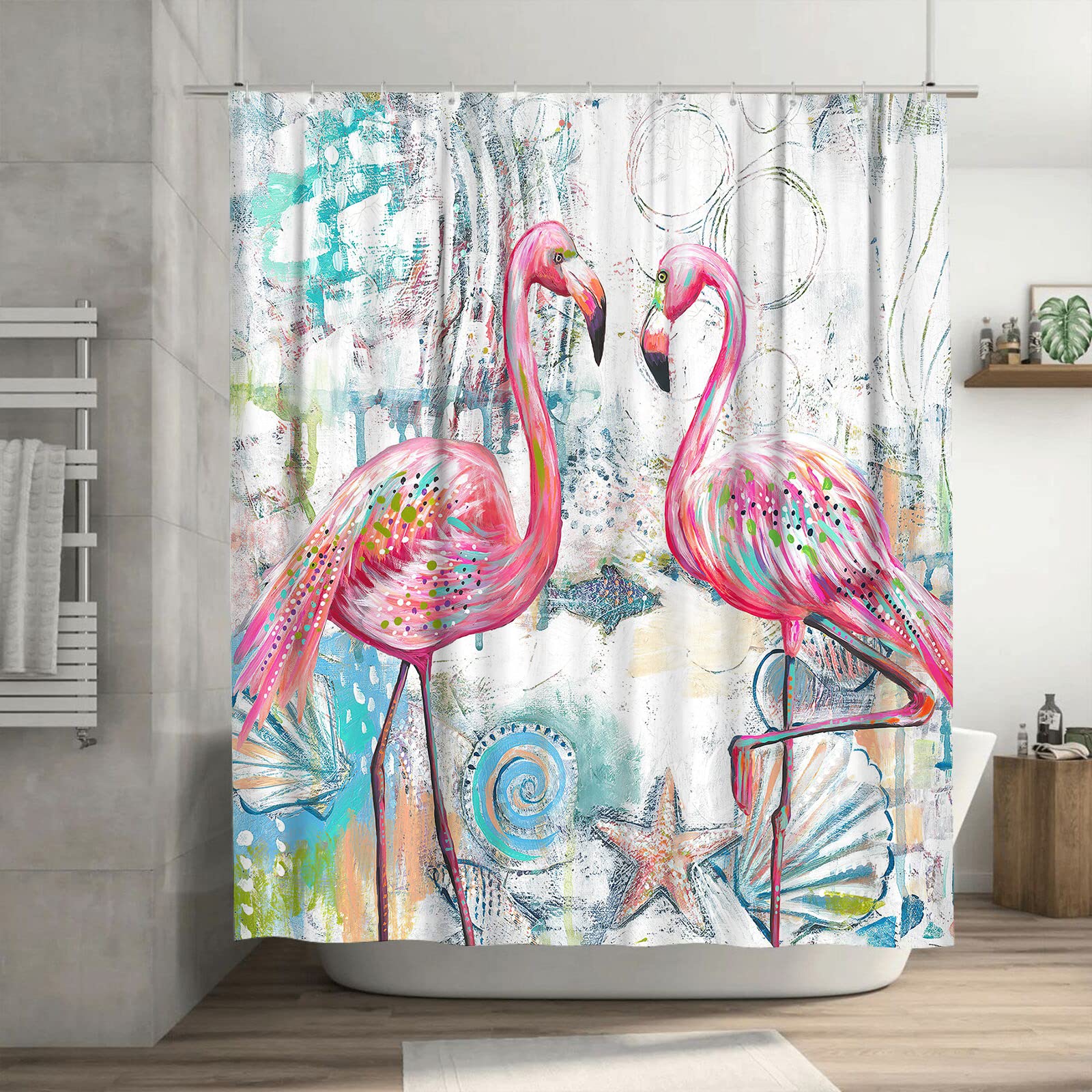 Golakra Pink Flamingo Shower Curtain Watercolor Starfish Seashell Conch Shower Curtains for Bathroom Beach Ocean Shower Curtain Waterproof Polyester Fabric Bath Decor with Plastic Hooks 60x72 Inches