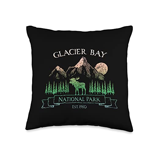 Glacier Bay Alaska Mountains Moon Trees Moose Glacier Bay National Park Alaska Moose Lovers Vintage Look Throw Pillow, 16x16, Multicolor