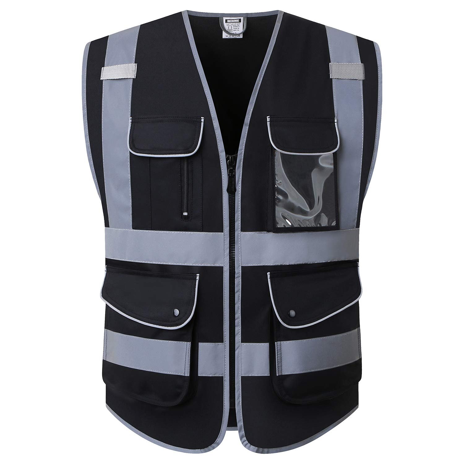 HATAUNKI Class 2 Retro-Reflection Safety Vests 9 Pockets and Front Zipper ANSI/ISEA 107-2015 (Black-03, Small)