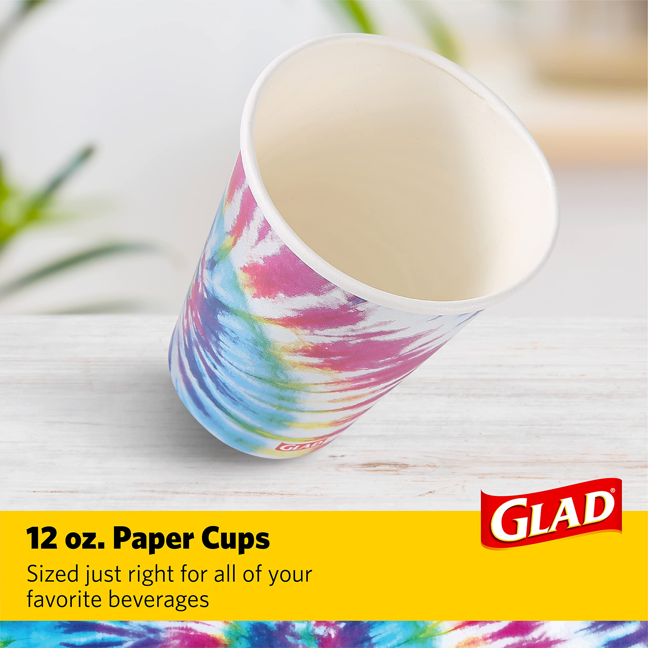 Glad Everyday Disposable Paper Cups with Tie Dye Design | Heavy Duty Paper Cups, 12 Oz Paper Cups for All Beverages and Everyday Use | 12 Ounces, 50 Count