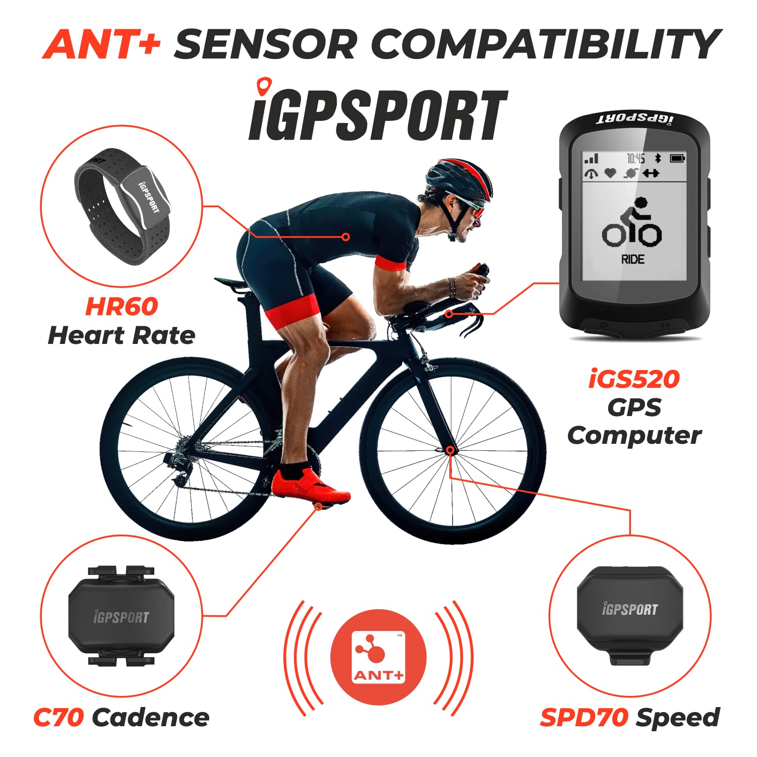 iGPSPORT iGS520 GPS Cycling Computer with HR60 Heart Rate, M80 Mount, SPD70 Speed and CAD70 Cadence Sensors and Wearable4U Bike Multi-Tool Bundle