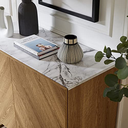 roomfitters 39" Modern Sideboard Buffet Cabinet, Herringbone Pattern Mid-Century Credenza with Doors, Media Console with Storage, Wine Cabinet for Kitchen, Living Room, Entryway, Oak, Gold Metal Legs