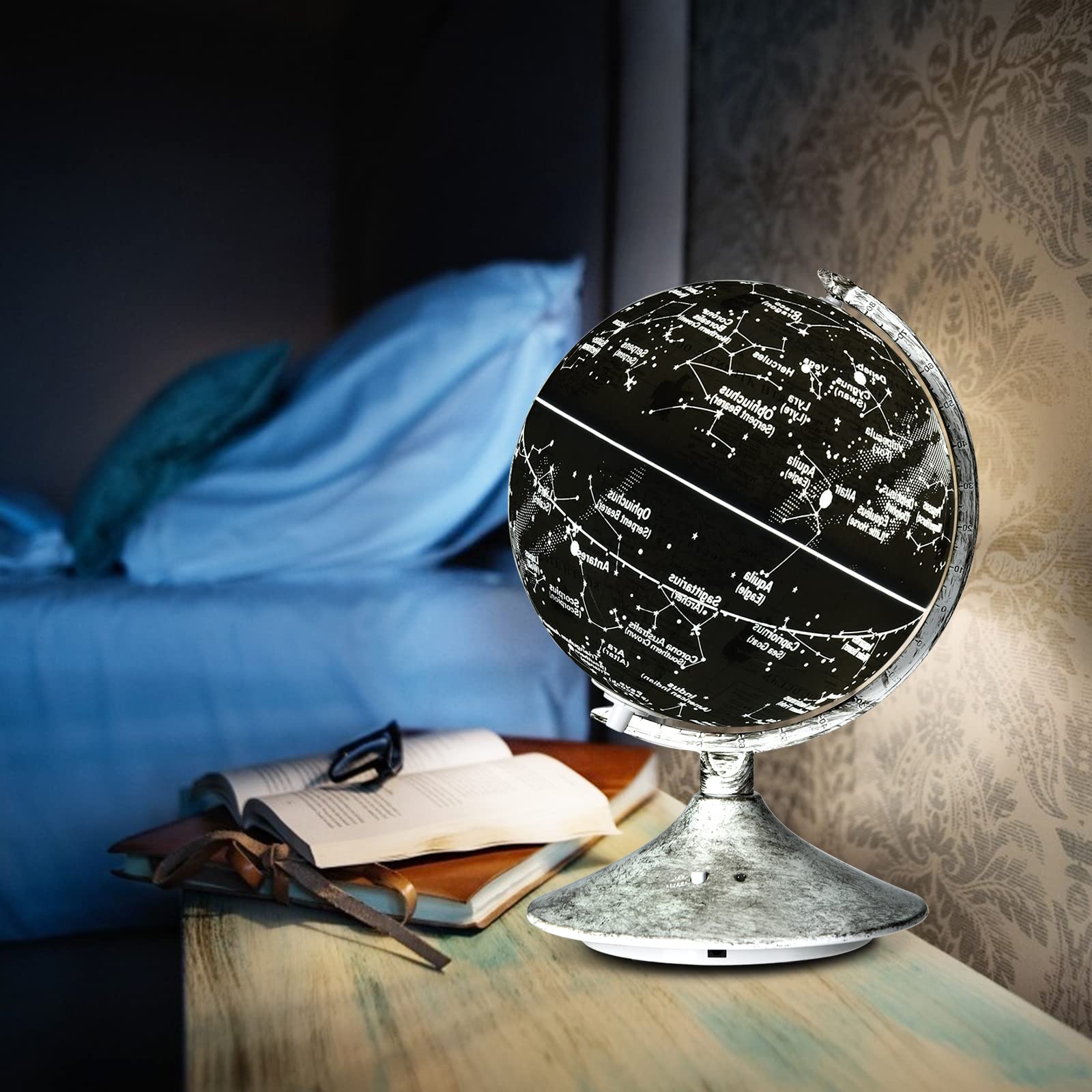 Goplus Illuminated Desktop World Globe, 13’’ 3 IN 1 Educational Geographic World Globe for Kids Learning, 360° Rotation Interactive Decorative Earth Globe w/Build-in LED Light, World Map and Constellation View for Classroom, Office
