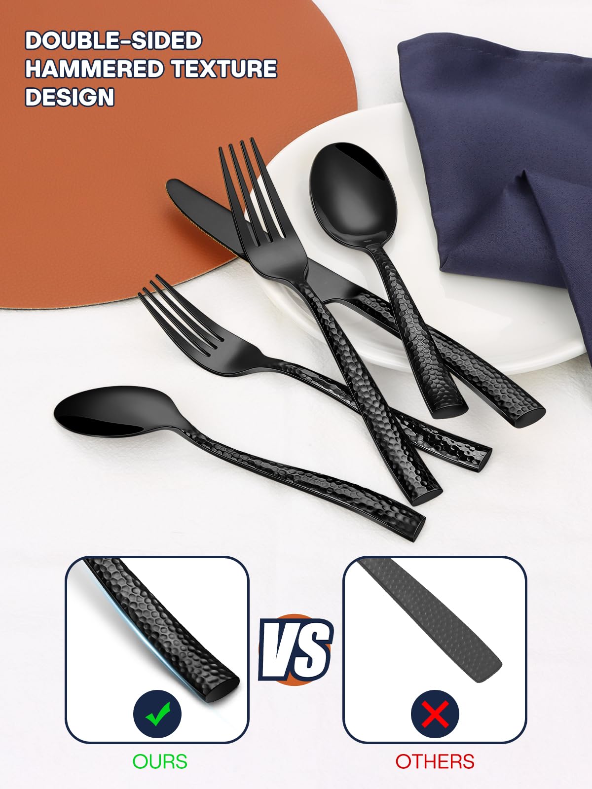 Stapava 48 Pcs Black Hammered Silverware Set with Steak Knives, Stainless Steel Flatware Set for 8, Mirror Cutlery Include Forks Spoons and Knives Set for Home Hotel, Dishwasher Safe Utensils
