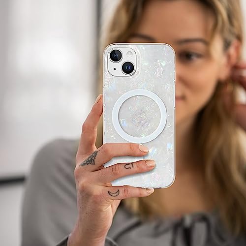 YINLAI Case for iPhone 14 / iPhone 13 [Compatible with MagSafe] Magnetic Slim Glitter Bling Sparkly Pearl Mother-of-Pearl Seashell Women Girly Soft Shockproof Protective Phone Cover 6.1 Inch, White