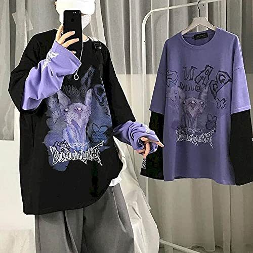 Goth Cat Shirt Gothic Shirt Fake Two-Piece Alternative Clothing Goth Cat Sweatershirt Grunge Clothes (Black,L,Large)