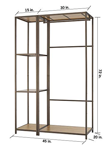 Trinity Garment Rack with Bamboo Shelves and 4-Tier Shelf Tower for Clothing Storage, Closet Organization for Home with Decorative Book Shelf and Display Stand, Bronze