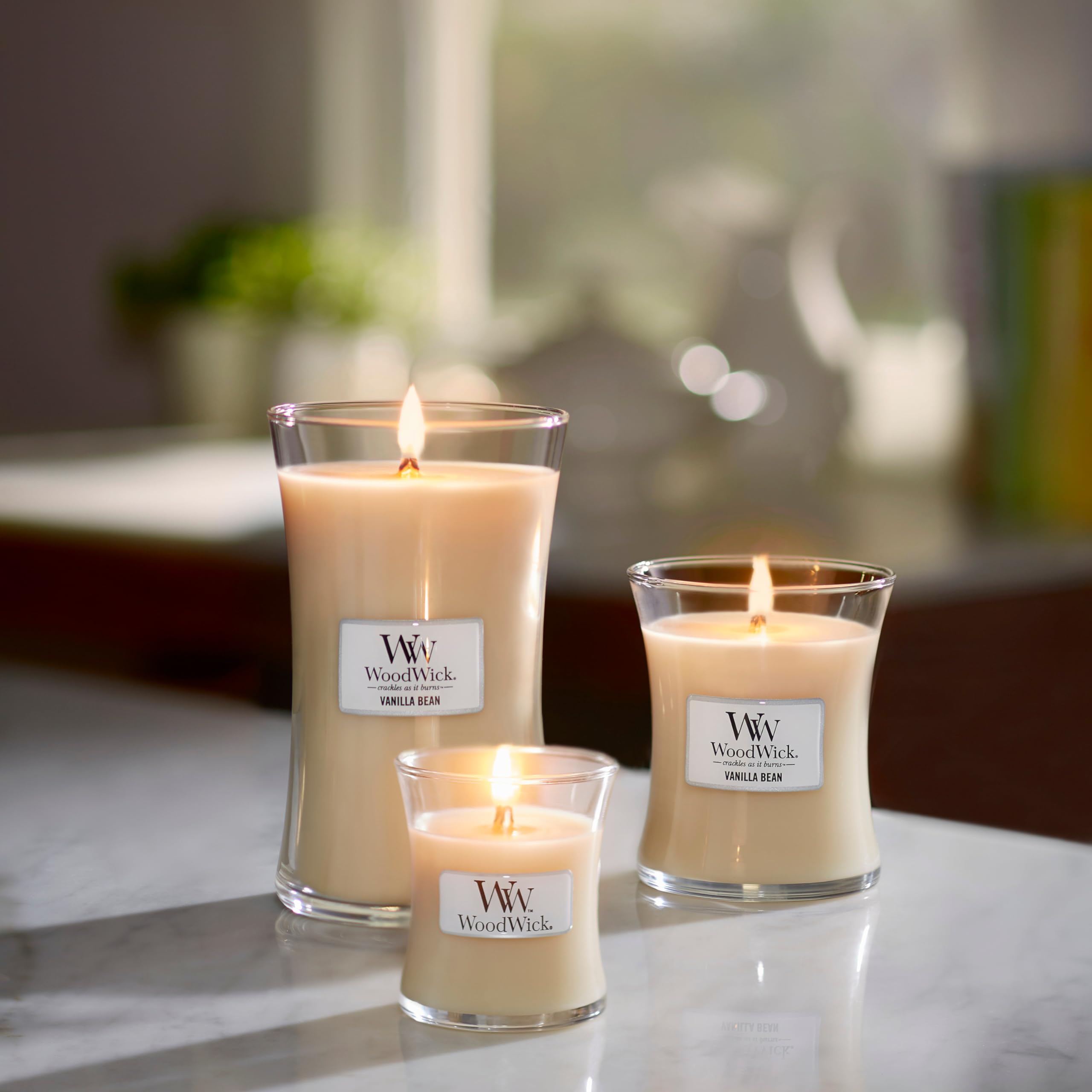 WoodWick Large Hourglass Candle, Vanilla Bean Scent, Crackles as it Burns, Premium Soy Blend Wax, 21oz, Perfect for Gifting
