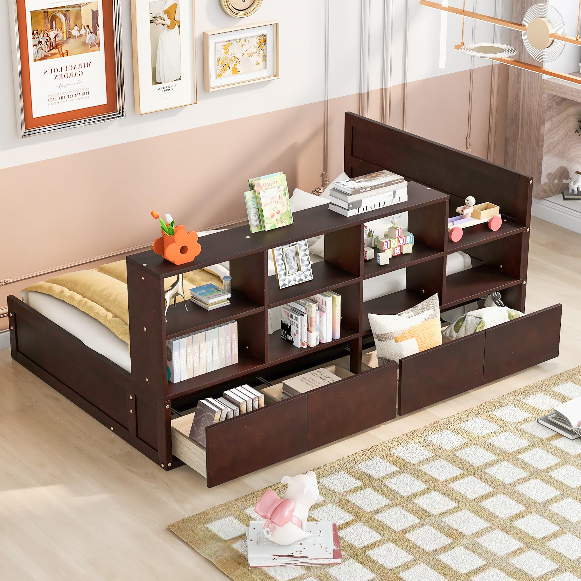 GLORHOME Twin Size Platform Bed with Storage Drawers and Shelves,Wood Bed Frame for Bedroom
