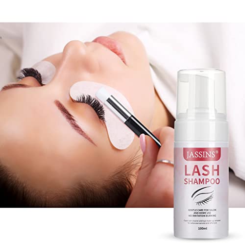 JASSINS Lash Shampoo for Lash Extensions, Eyelash Extension Cleanser Kit,100ml Shampoo/Cleaning Brush/Rinse Bottle/Mascara Brush/Eye Pads,No stimulation,For Professional & Self Use