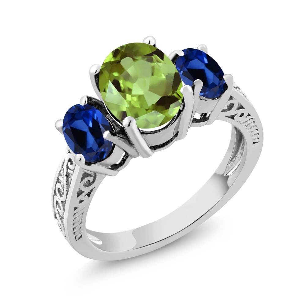Gem Stone King 925 Sterling Silver Green Peridot and Blue Created Sapphire 3 Stone Ring For Women (2.71 Cttw, Gemstone Birthstone, Available In Size 5, 6, 7, 8, 9)