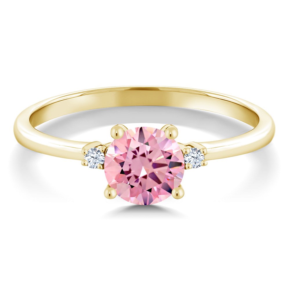 Gem Stone King 10K Yellow Gold Pink Zirconia and White Created Sapphire Solitaire Engagement Ring For Women (1.53 Cttw, Round 6MM, Gemstone Birthstone, Size 8)