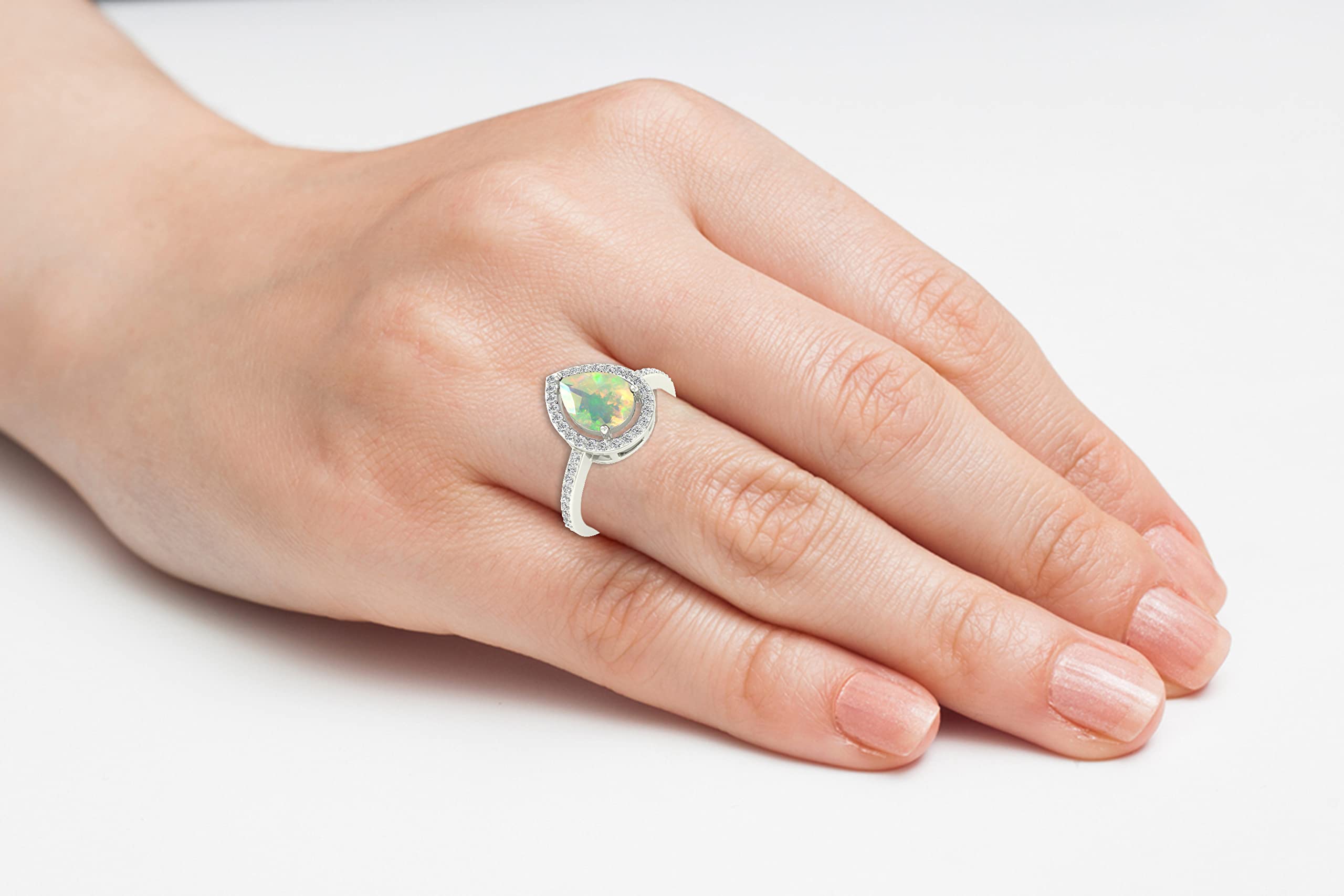 mirahi by chordia jewels Pear Shaped Halo Ring, 8x6mm Opal Engagement Ring, Unique Diamond Ring with Side Stone White Gold