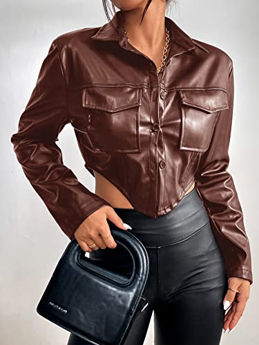 SweatyRocks Women's PU Leather Cropped Coat Casual Button Front Jacket with Bust Pocket Solid Brown M