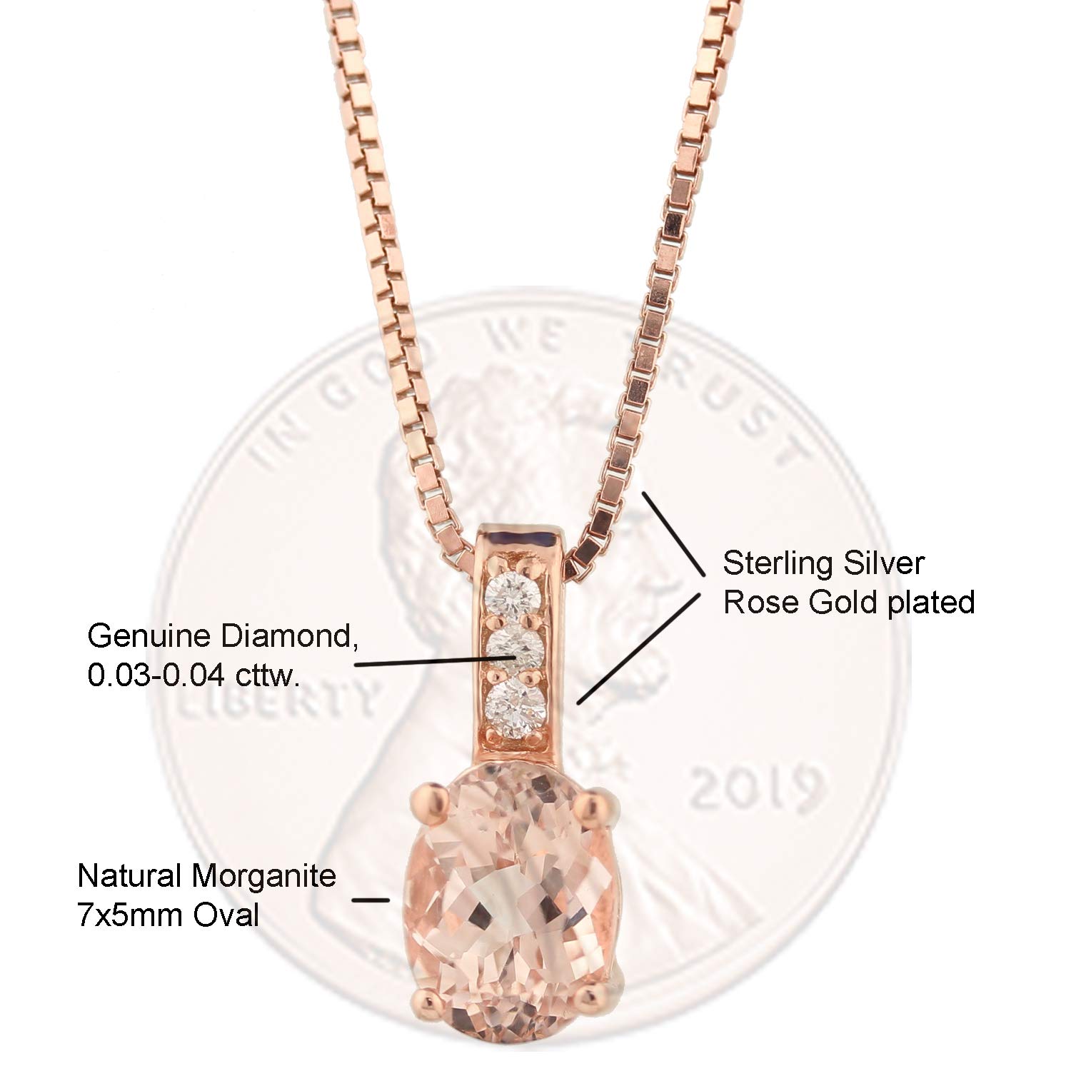 GNG Natural Morganite & Diamond Pendant Necklace In Sterling Silver (Rose Gold Plated) (7x5mm)