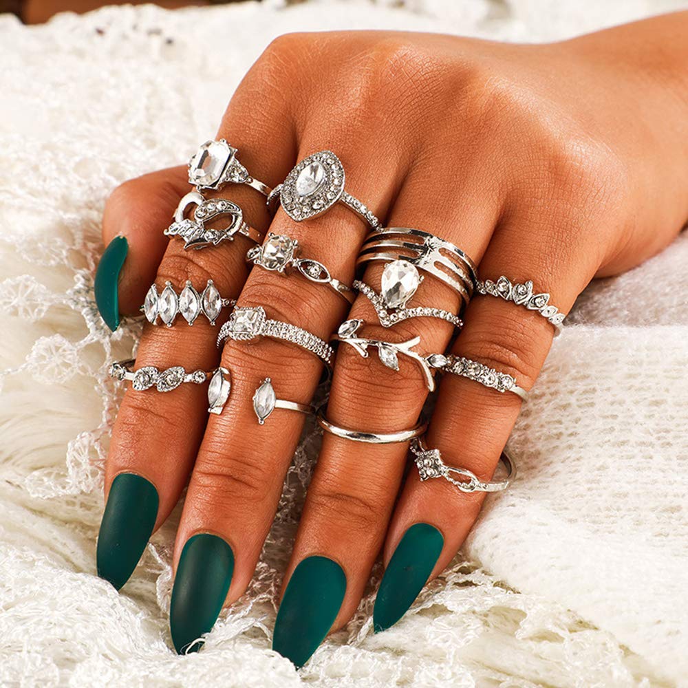 Hsarsup Bohemian Finger Rings Vintage Gold/Silver Crystal Stacking Ring Joint Knuckle Ring Set for Women Girl (Silver4)