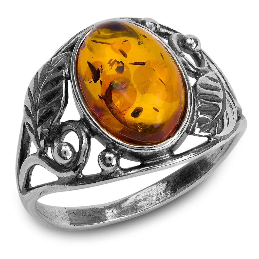 Ian and Valeri Co. Amber Sterling Silver Oval Victorian Setting Grape Leaves Ring