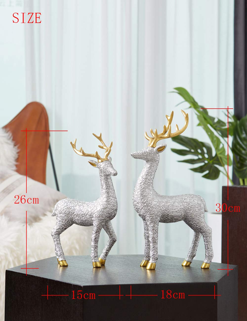 HAUCOZE 2pcs Deer Statue Decor Reindeer Sculpture Home Gifts Modern Craft Table Centerpiece Arts Polyresin Silver 12inch