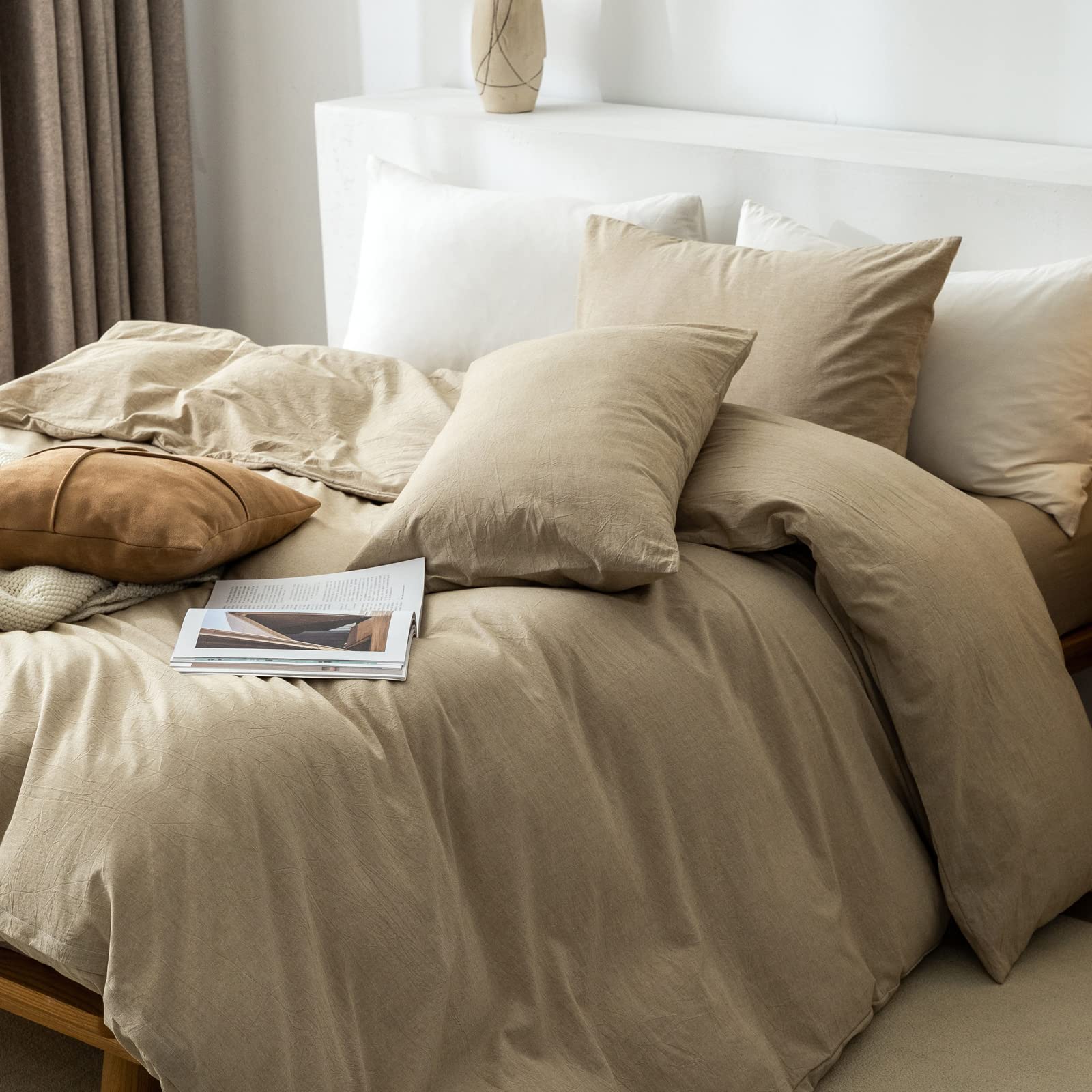TIPTOE BEAR King Duvet Cover Set- 100% Washed Cotton 3 Pcs Soft Comfy Breathable Chic Linen Feel Bedding, 1 Duvet Cover and 2 Pillow Shams, Beige