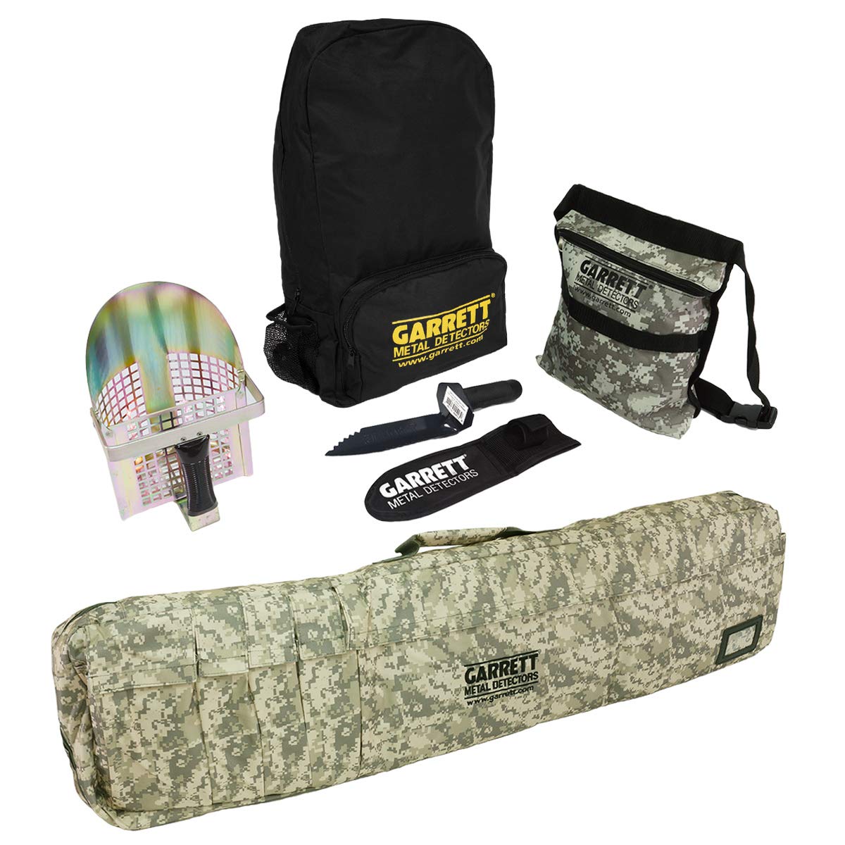 Garrett Metal Detector Accessory 5 Pack - Camo Soft Case + Digger's Pouch + Backpack + Edge Digger + Sand Scoop