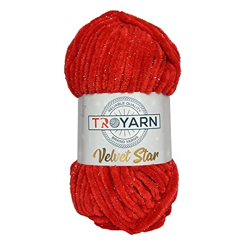 Troyarn Velvet Star Silvery Glitter Chenille Baby Blanket Yarn Amigurumi Yarn for Crocheting and Knitting Super Bulky 100 gr (120 yds) (10408 - Red)