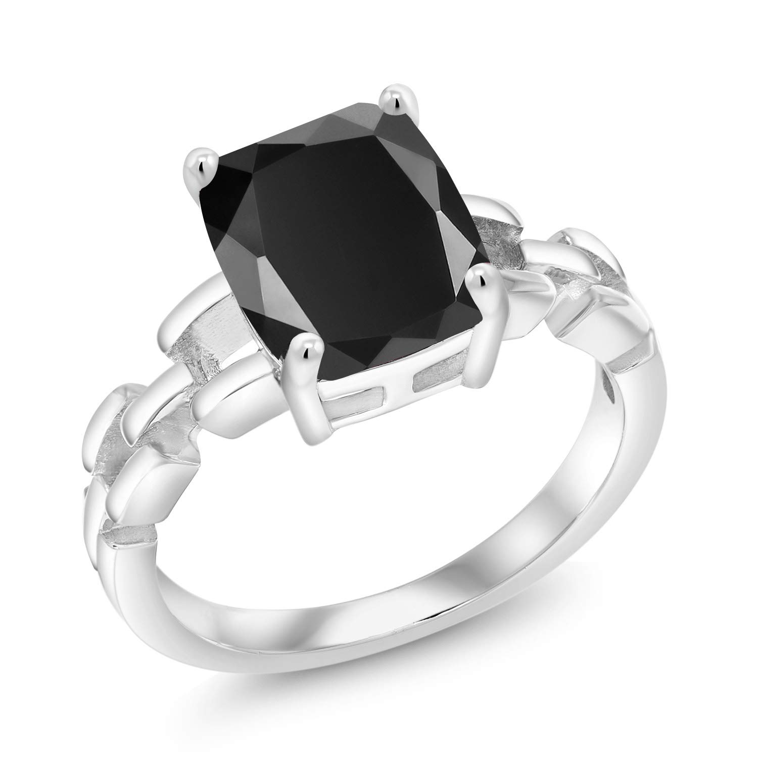 Gem Stone King 925 Sterling Silver Black Onyx Link Style Solitaire Engagement Ring For Women (2.73 Cttw, Cushion Cut 10X8MM, Gemstone Birthstone, Available in size 5, 6, 7, 8, 9)