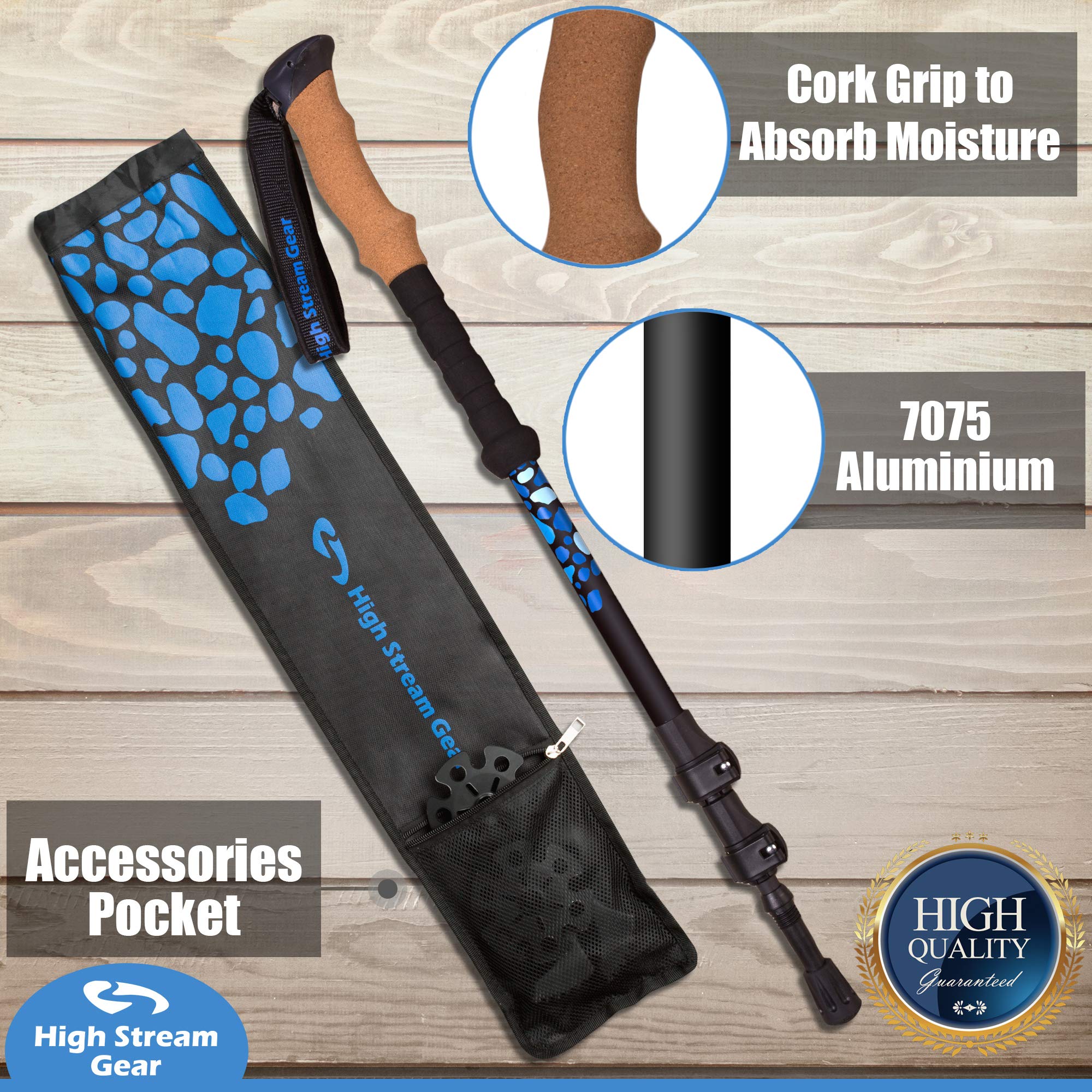 High Stream Gear Trekking Poles Real Cork Grip Handles - Ultra-Lightweight – Telescopic Compact Hiking Poles Includes Essentials Accessories for Walking and Backpacking (Aluminum 7075, Blue)