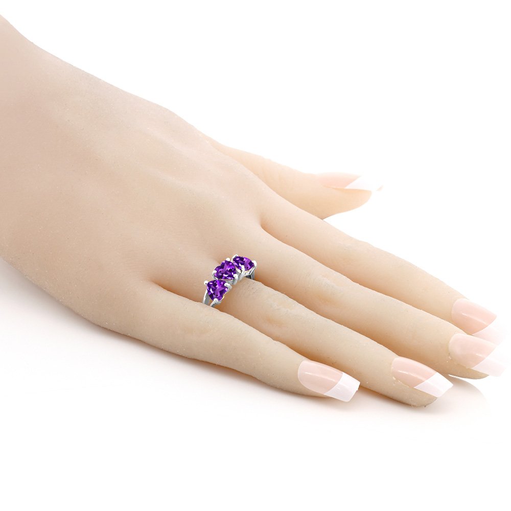 Gem Stone King 925 Sterling Silver Purple Amethyst 3-Stone Engagement Ring For Women (1.95 Cttw, Gemstone Birthstone, Heart Shape 6MM, Available 5,6,7,8,9) (Size 7)