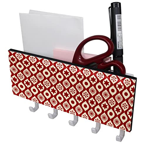Red Christmas Mail Holder Organizer and Key Hooks PU Front, Self Adhesive Key Rack with 5 Hooks Perfect for Entryway, Hallway,Bathroom ,Kitchen